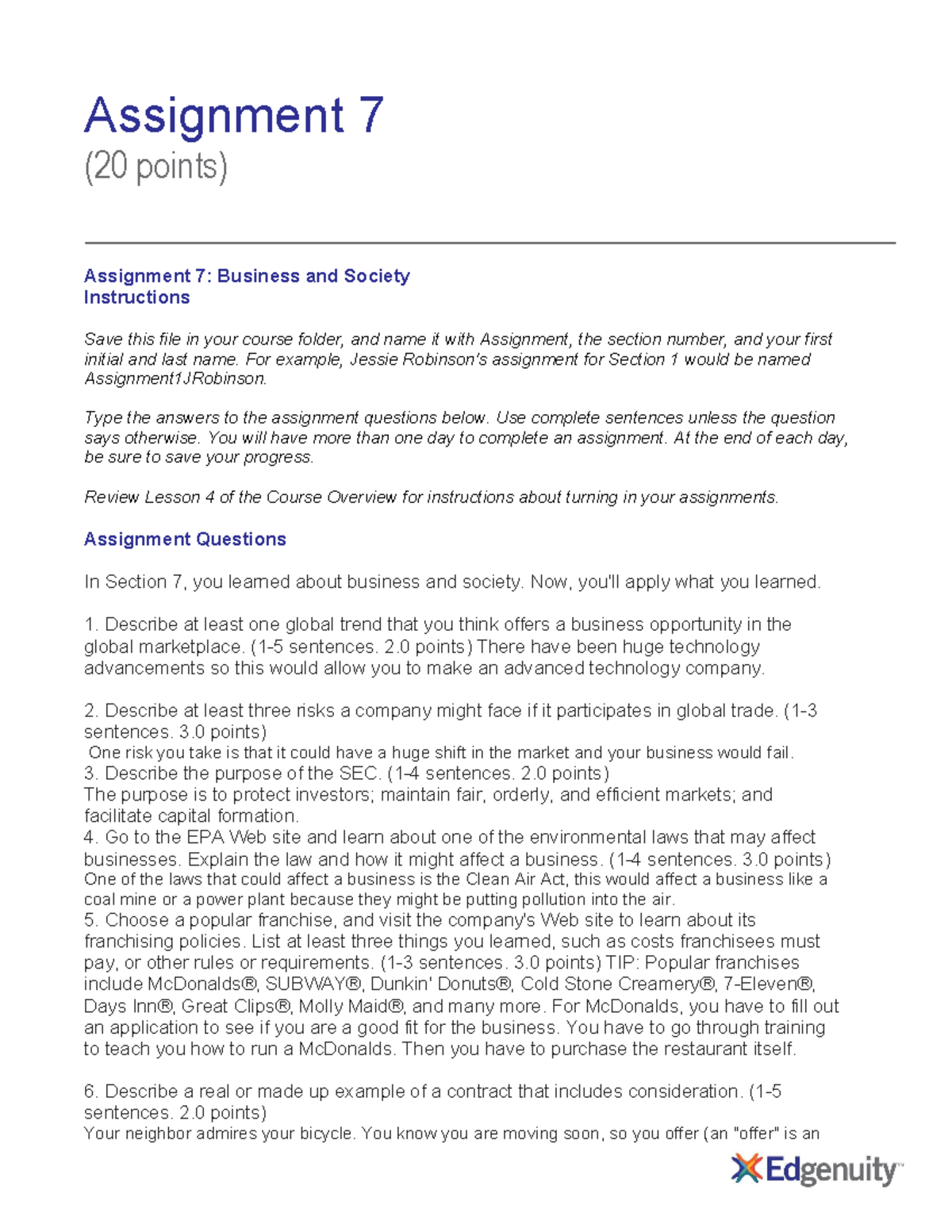 Assignment 7 Edgenuity - Assignment 7 (20 points) Assignment 7 ...