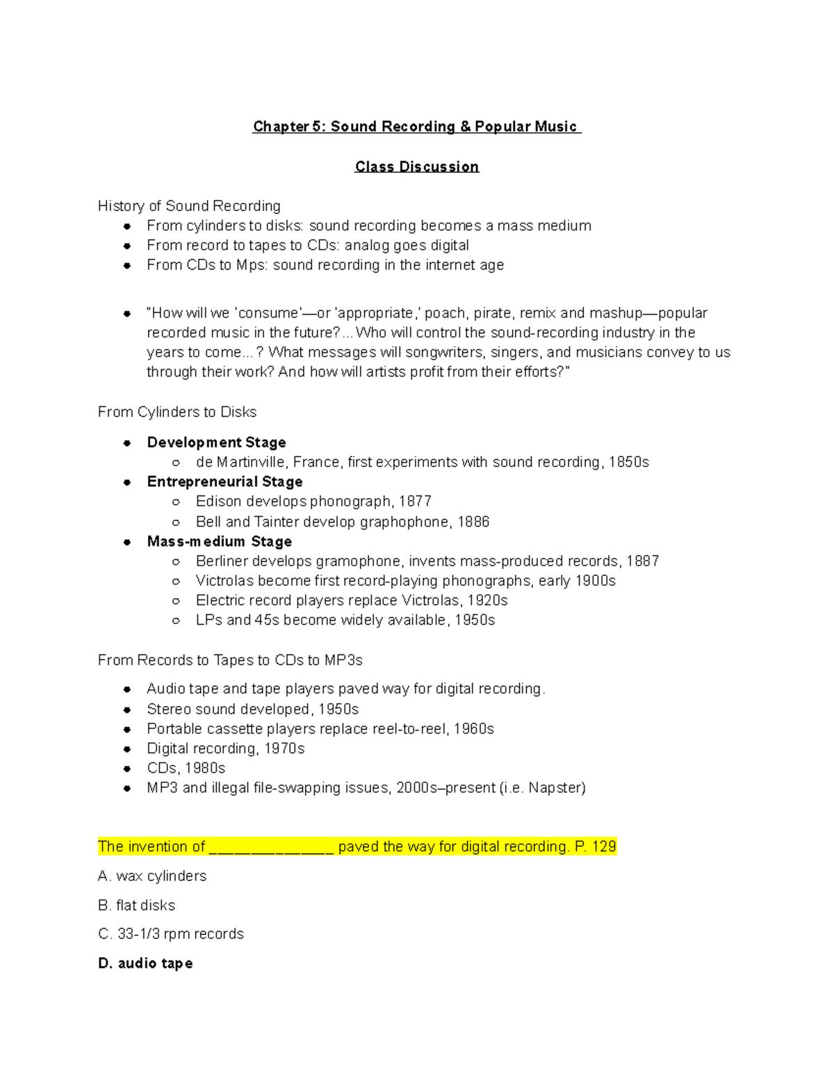 Chapter 5 & 6 - lecture notes - Chapter 5: Sound Recording & Popular ...