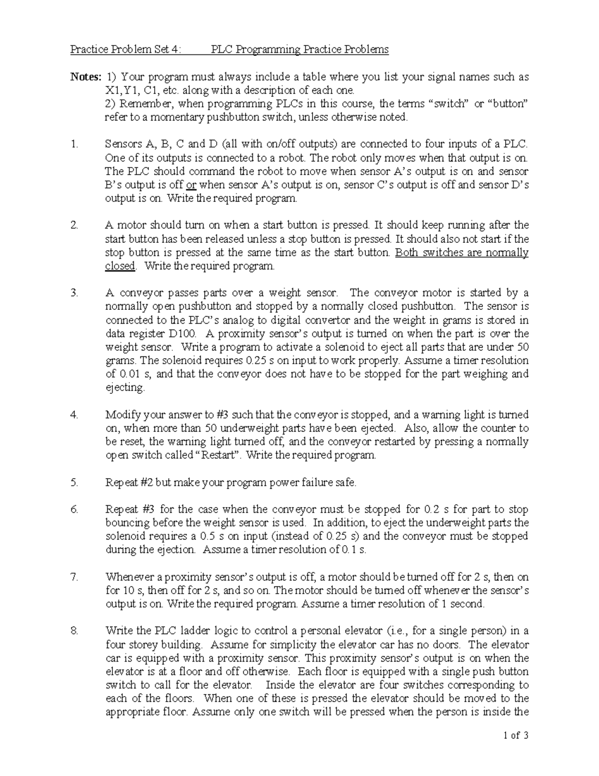 Problem Set 4 PLC 2021 - 1 of 3 Practice Problem Set 4: PLC Programming ...