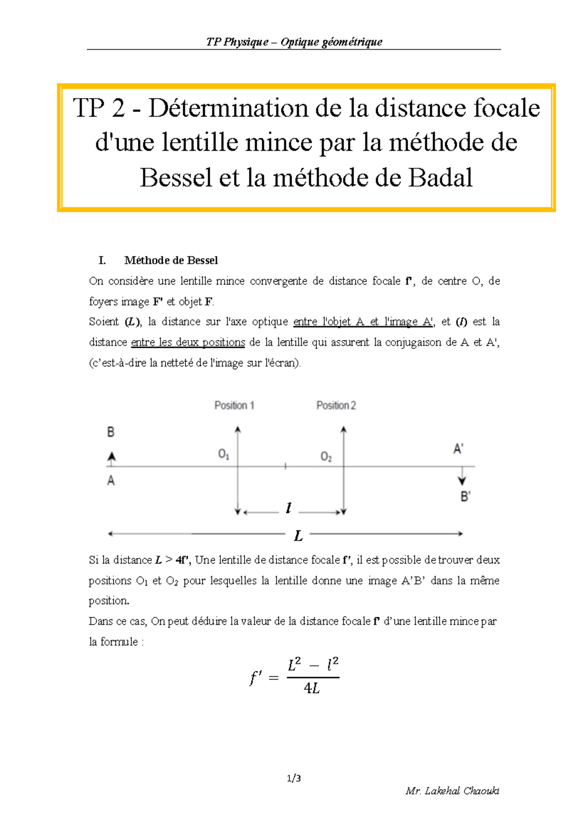 TP2 Focomètrie méthode de Bessel et la méthode de Badal - TP Physique – Optique géométrique 1 ...