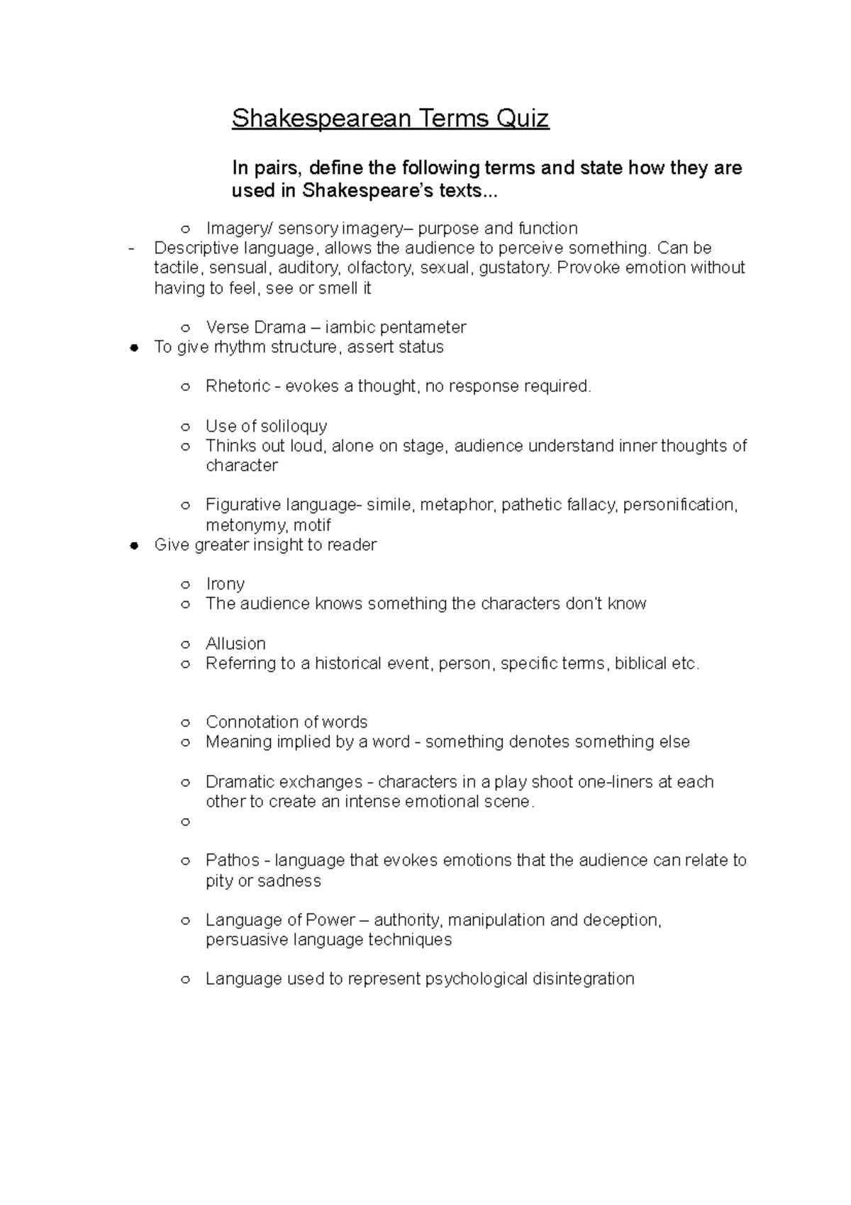 Shakespearean Terms Quiz - .. Imagery/ sensory imagery– purpose and ...