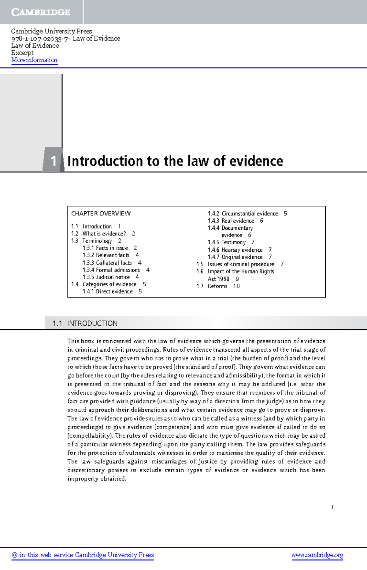 9781107020337 excerpt - 1 Introduction to the law of evidence CHAPTER ...