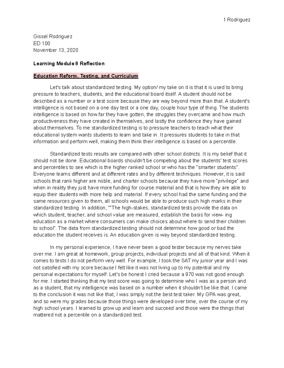 Learning Module 8 Reflection - 1 Rodriguez Gissel Rodriguez ED 100 ...