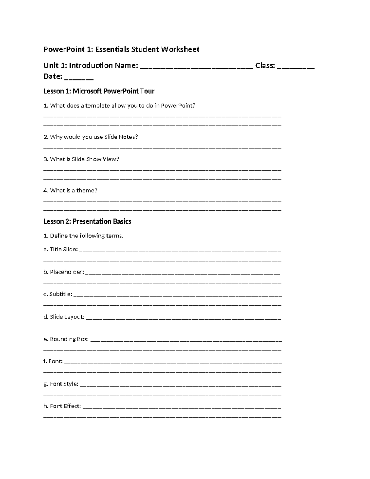 Power Point 1essentialsstudent worksheet - PowerPoint 1: Essentials ...