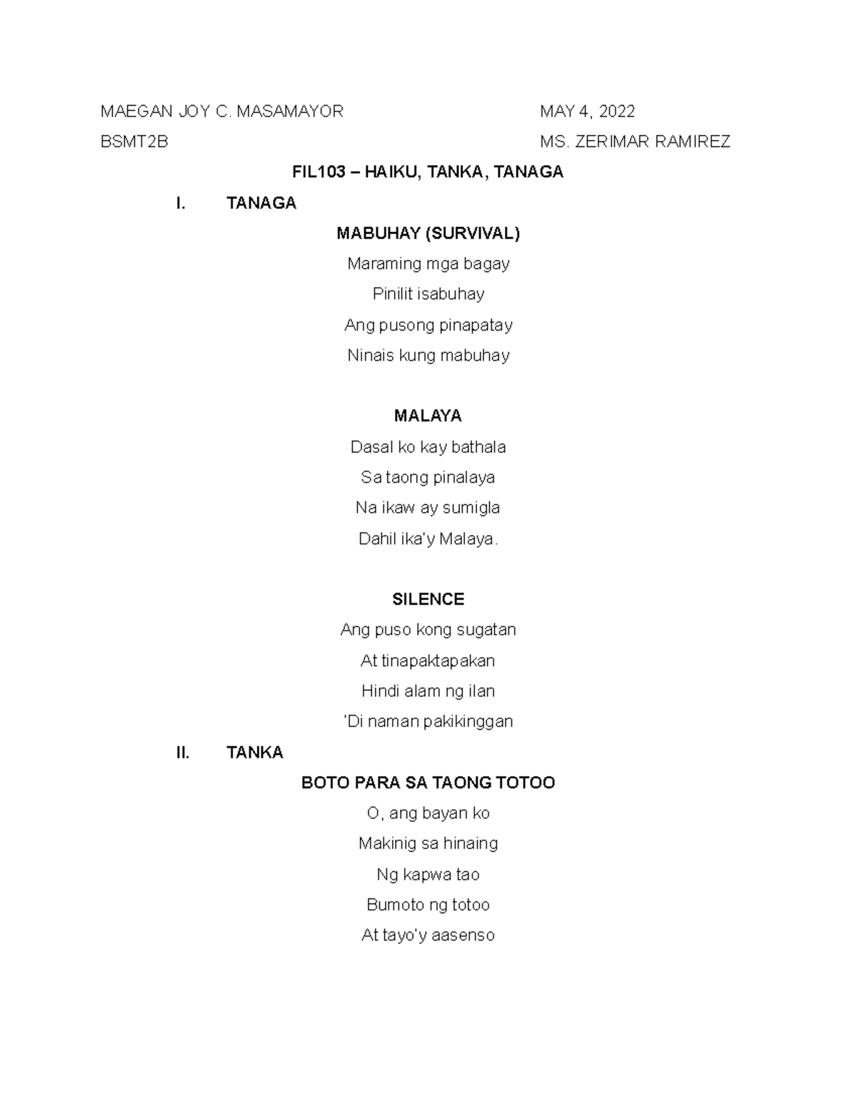 Tanaga, Haiku, Tanka - MAEGAN JOY C. MASAMAYOR MAY 4, 2022 BSMT2B MS ...