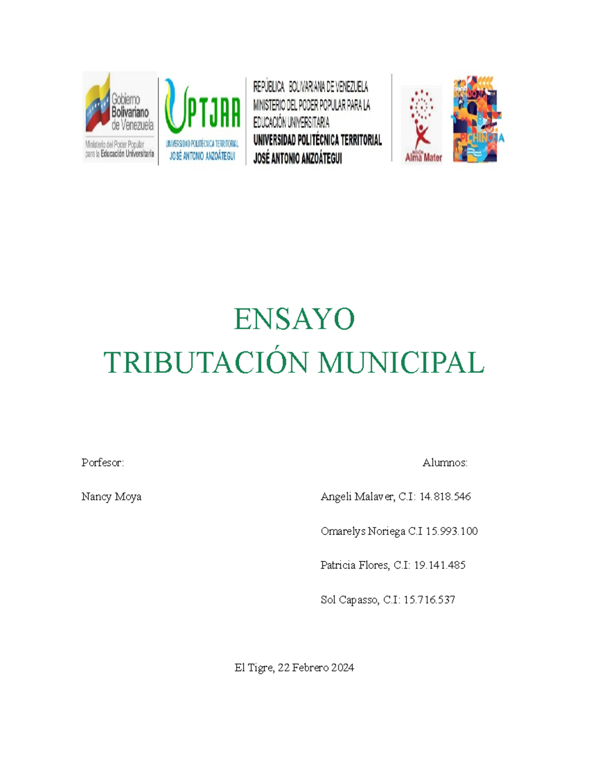 Ensayo Tributos Municipales - ENSAYO TRIBUTACIÓN MUNICIPAL Porfesor ...