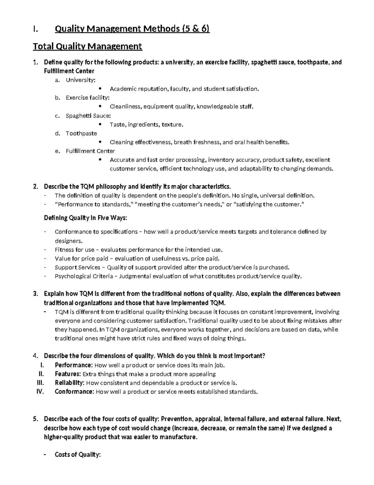 Operations Management - Study Guide - I. Quality Management Methods (5 ...