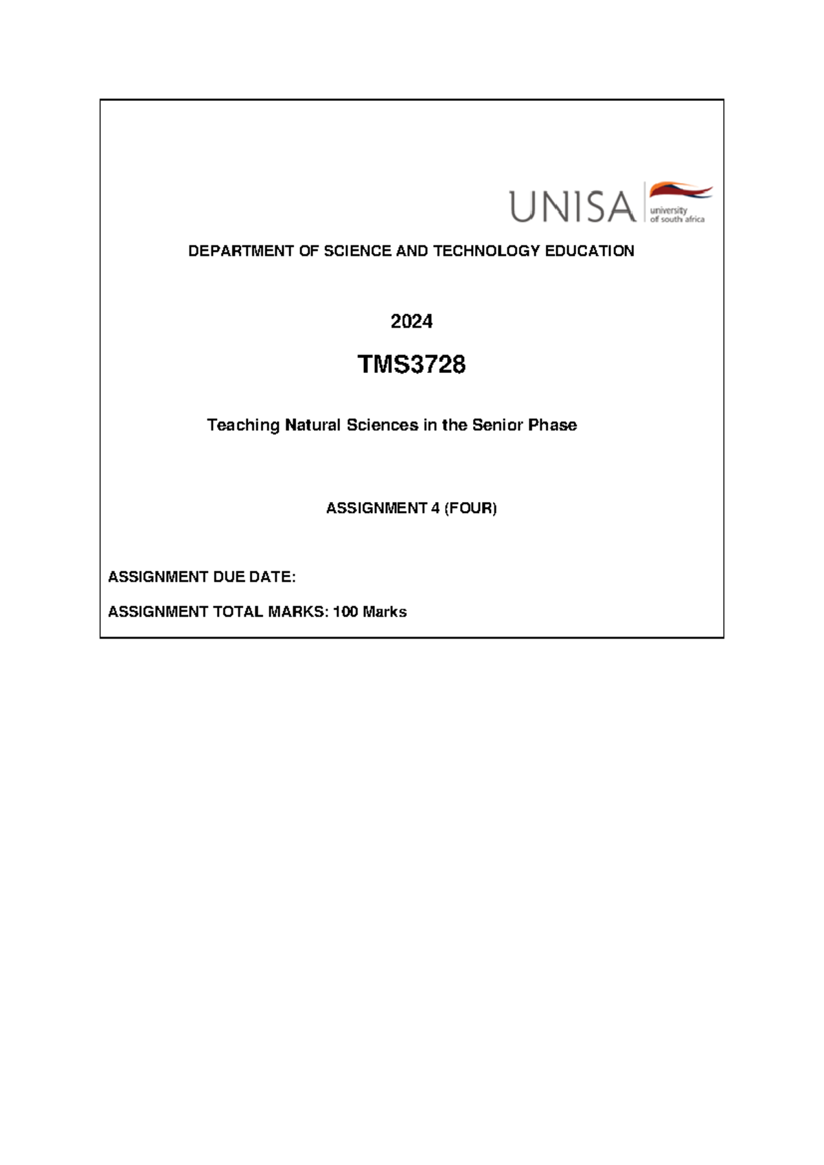 TMS 3728 Assignment 4 2024 - DEPARTMENT OF SCIENCE AND TECHNOLOGY ...