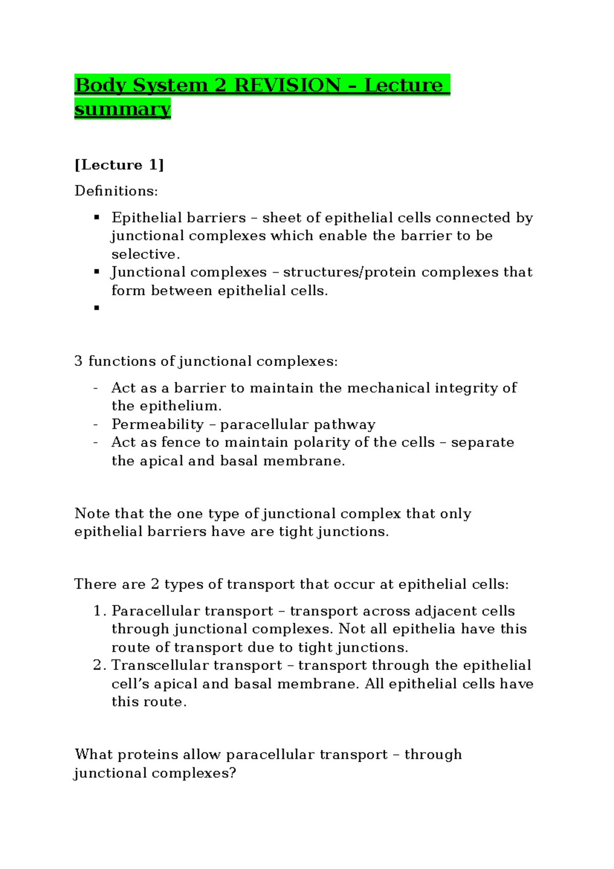 Body systems 2 lecture 1 summary - Body System 2 REVISION – Lecture ...