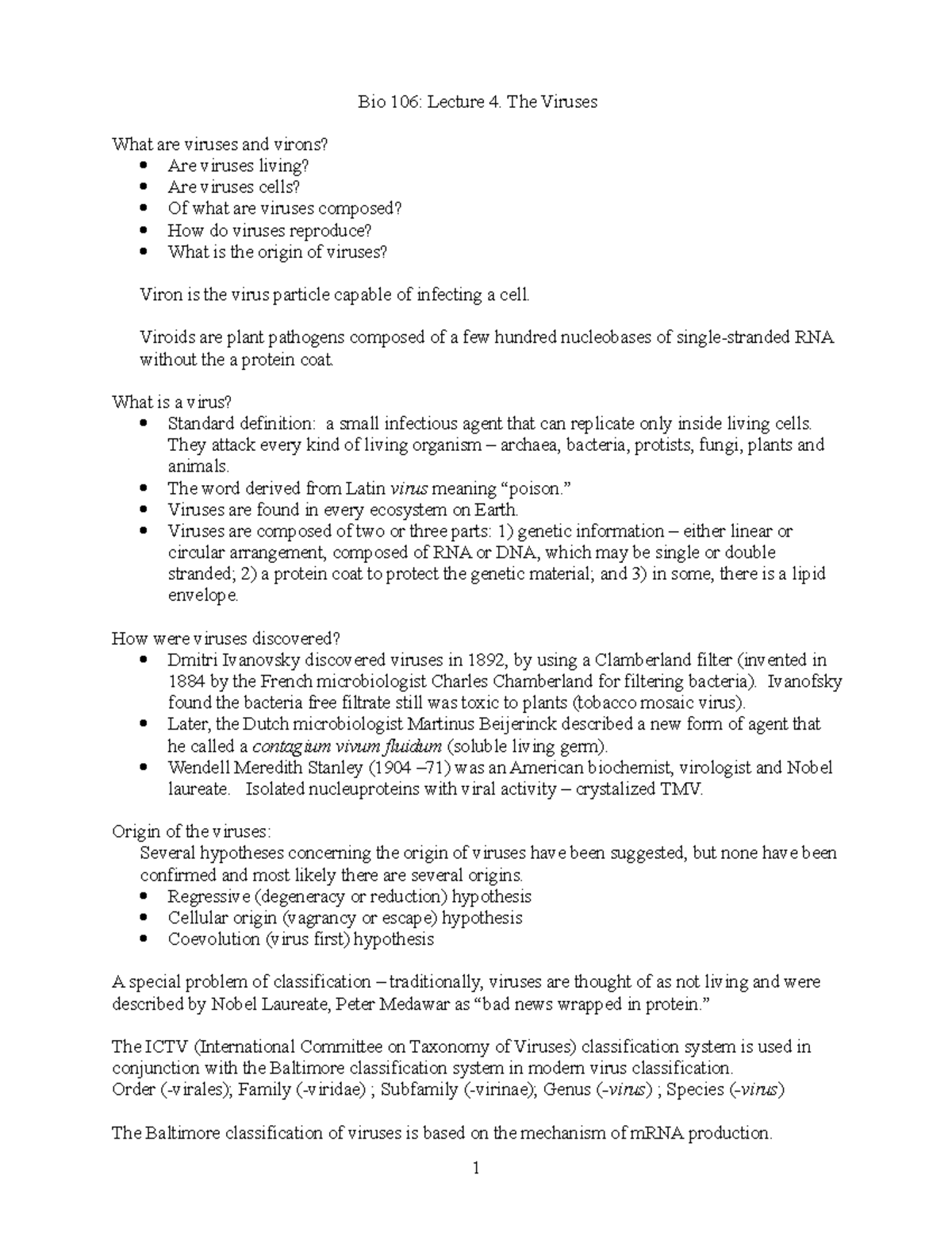 Lecture 04 Outline - notes - Bio 106: Lecture 4. The Viruses What are ...