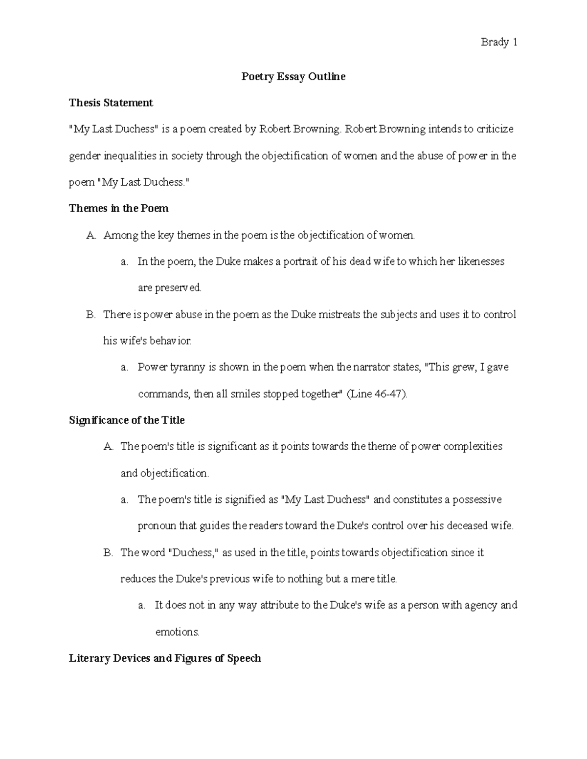 Poem Essay - Poetry Essay Outline Thesis Statement "My Last Duchess" is ...