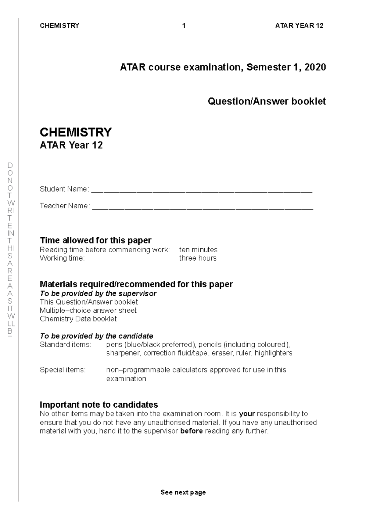 Chemistry 1 ATAR Year 12 Exam - Studocu