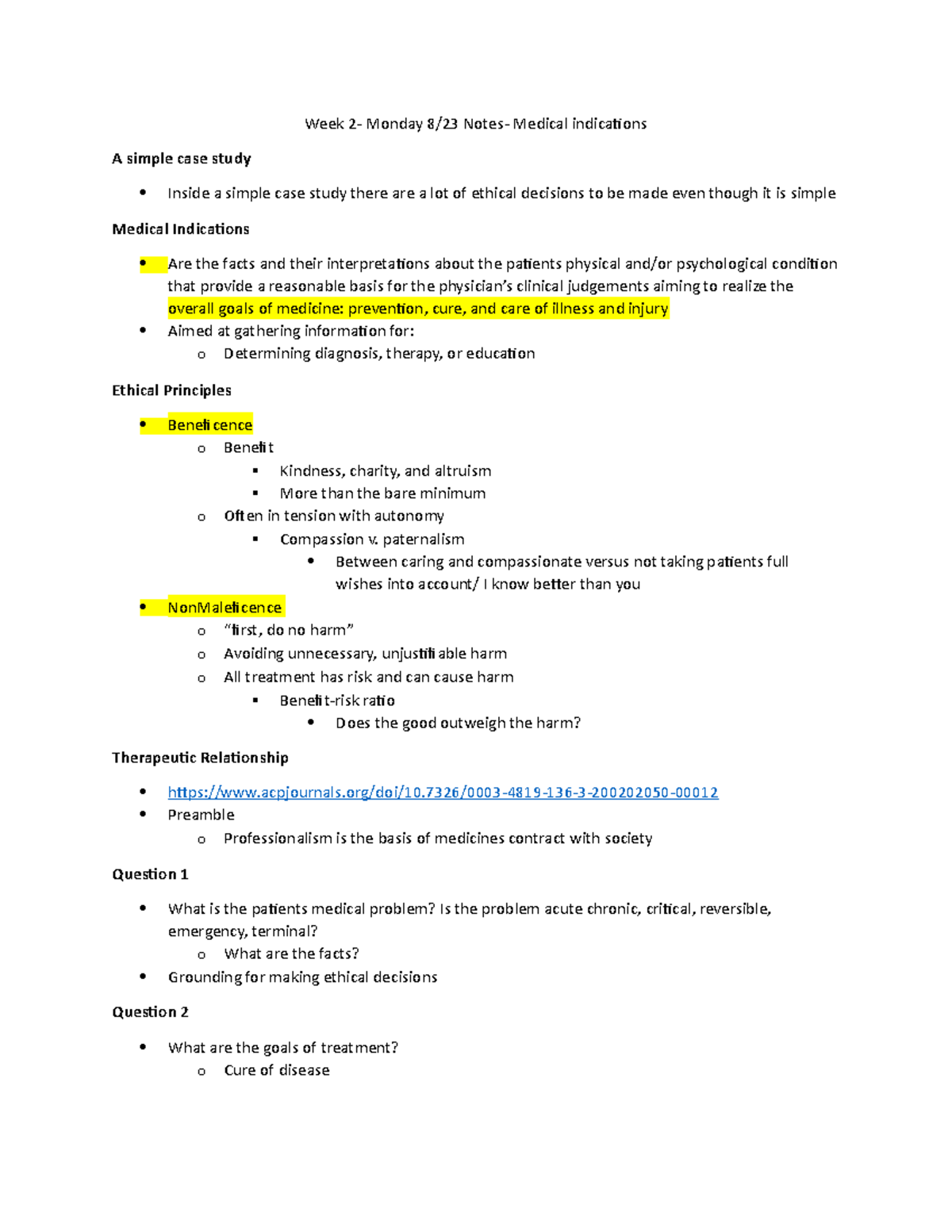 Medical indications lecture - Week 2- Monday 8/23 Notes- Medical ...