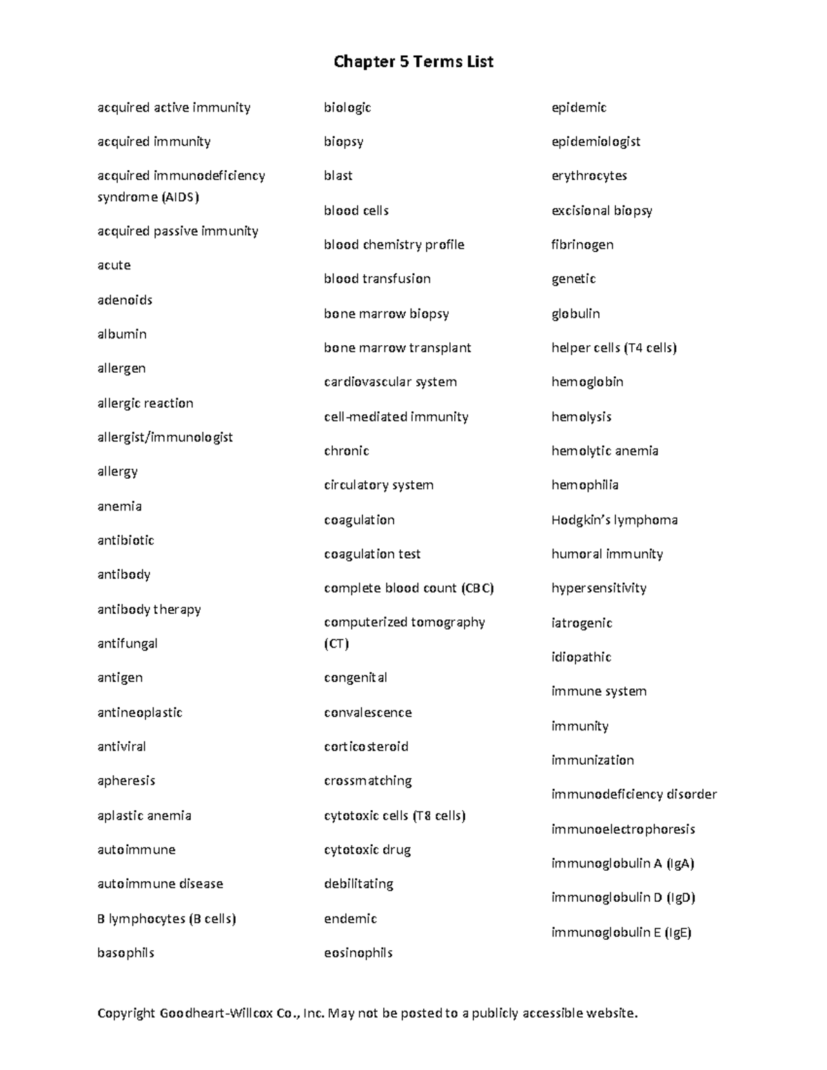 Ch. 5 Terms - blood,lymph, and immune - Chapter 5 Terms List Copyright ...