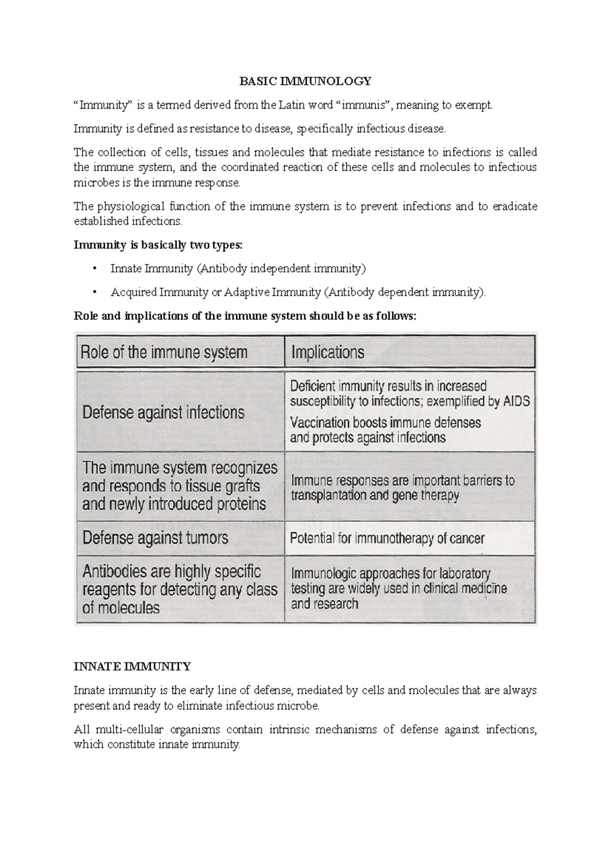 Basic- Immunology - class notes - BASIC IMMUNOLOGY “Immunity” is a ...