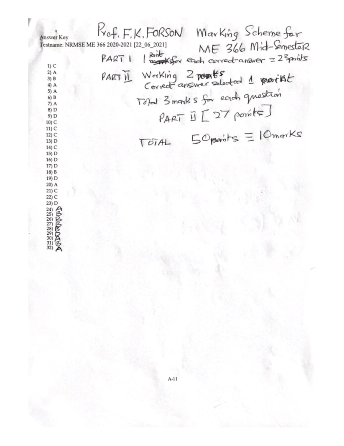 ME 366 Midsem Detailed Solution - Prof. F. FORSON Marking Scheme for ...