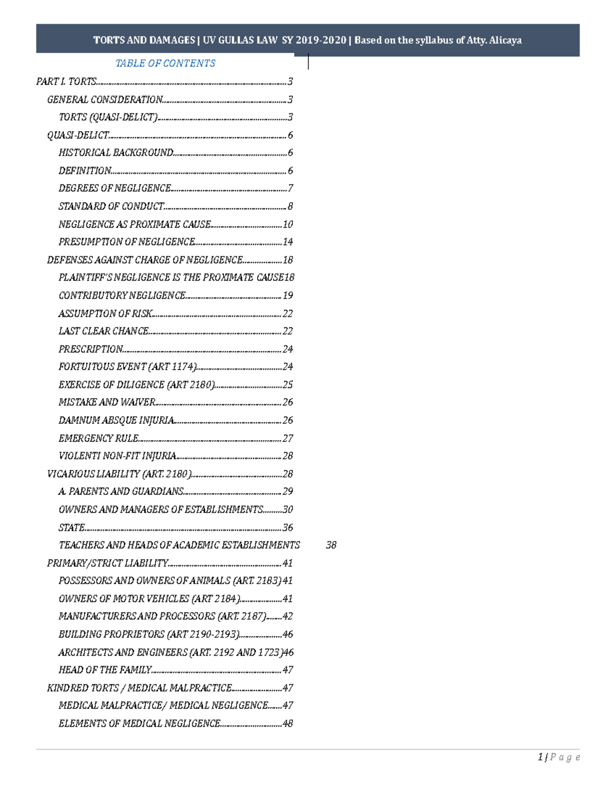 Torts Reviewer ENW - TABLE OF CONTENTS PART I. - Studocu