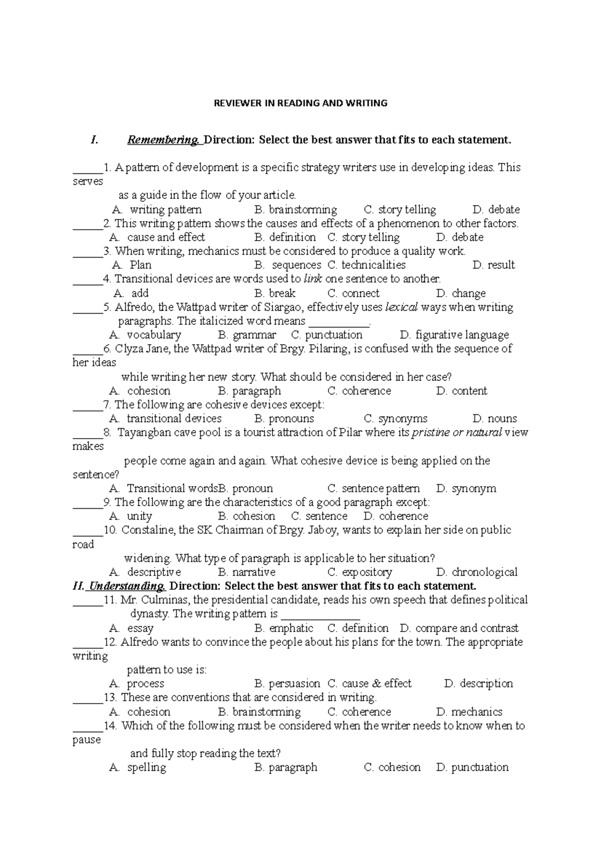 Reviewer IN Reading AND Writing - REVIEWER IN READING AND WRITING I ...