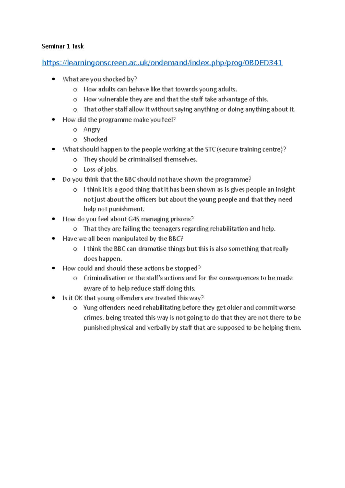 Seminar 1 Task - Questions answered based on a video that is attached ...