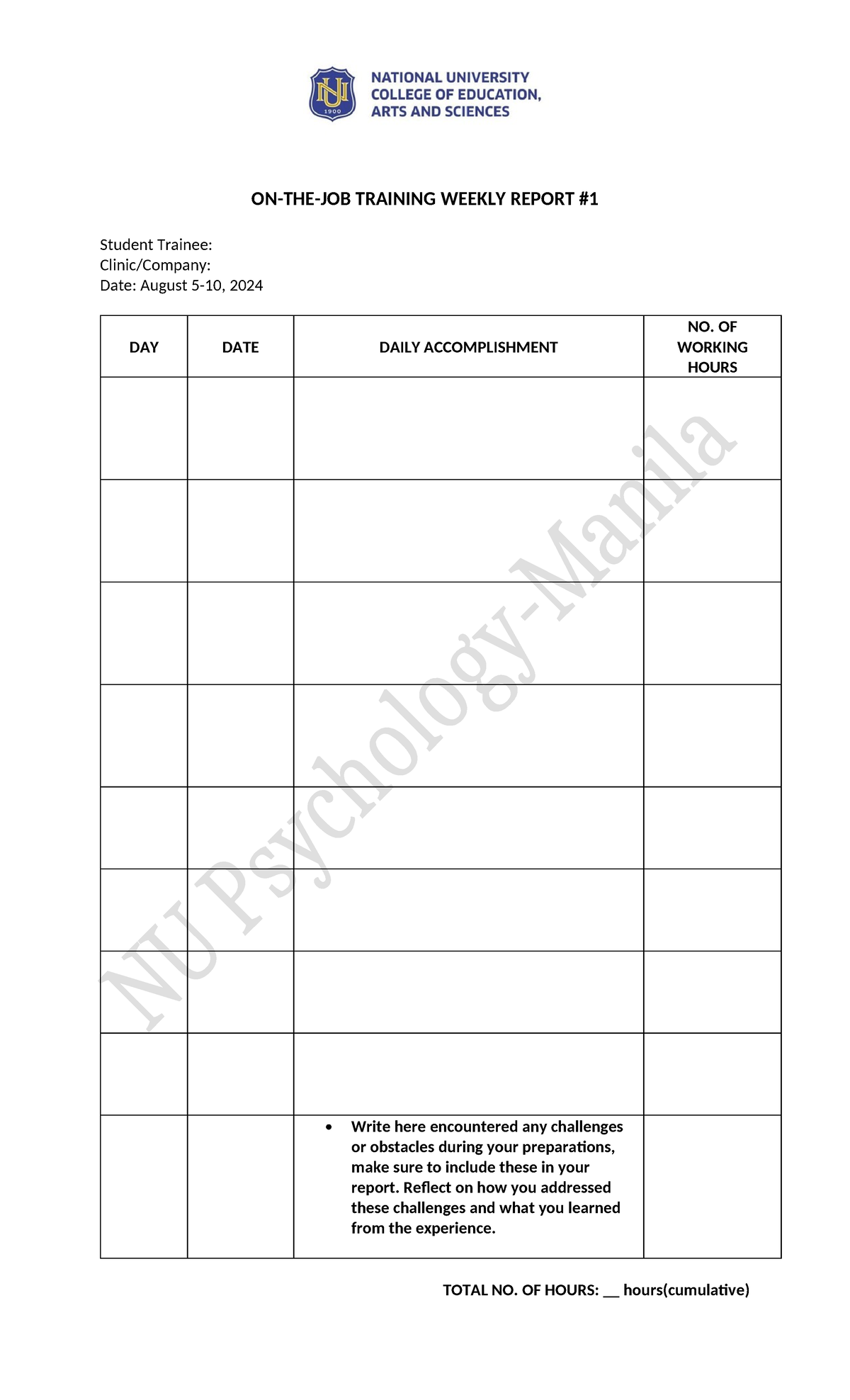 Practicum- Weekly- Report - BS Psychology - ON-THE-JOB TRAINING WEEKLY ...