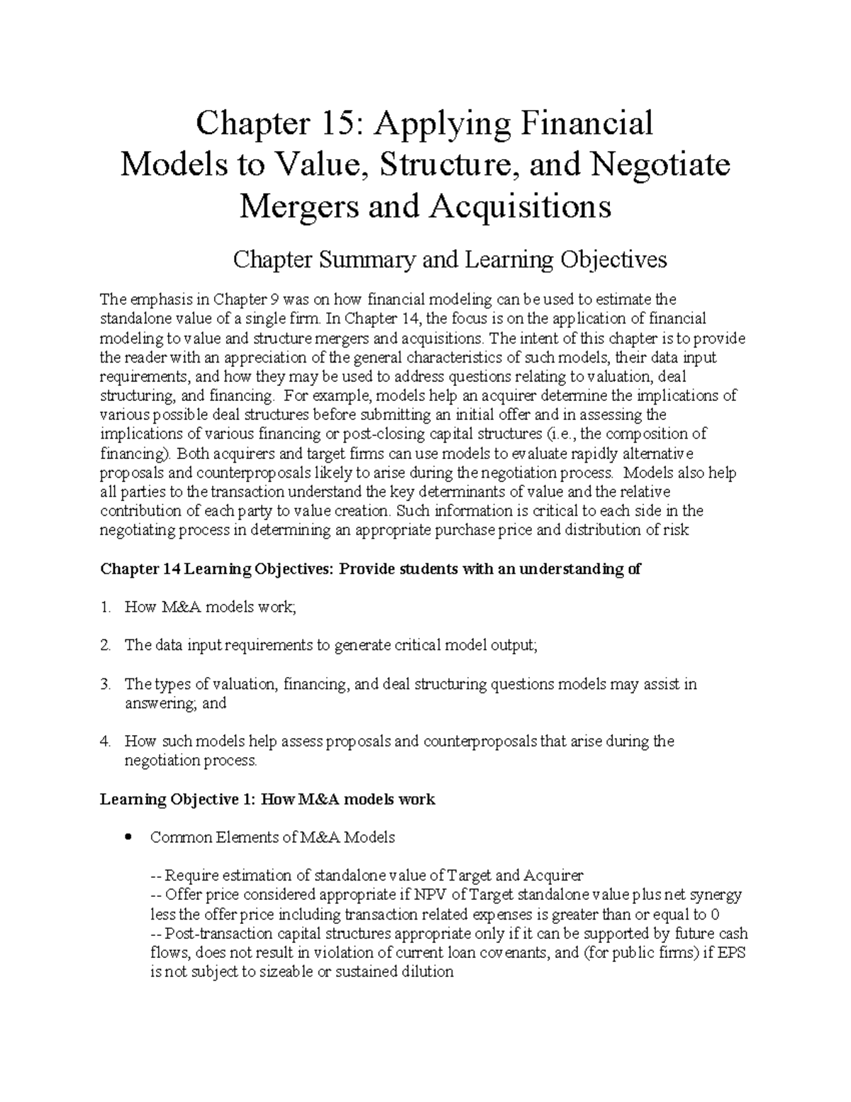 Chapter 15 Applying Financial Models to Value, Structure, & Negotiate ...