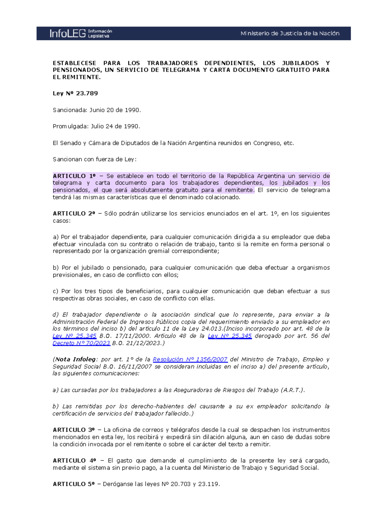 LEY 23789 Telegrama - ESTABLECESE PARA LOS TRABAJADORES DEPENDIENTES ...