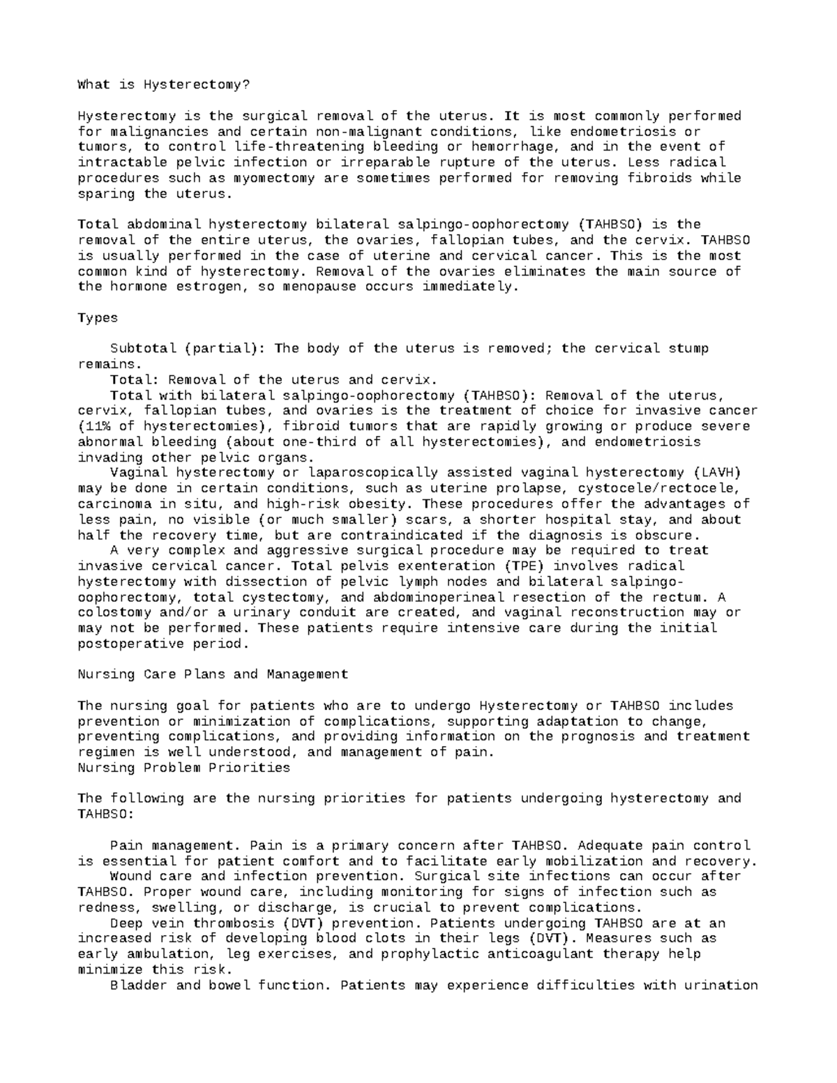 10 Hysterectomy and Tahbso Nursing Care Plans - What is Hysterectomy ...