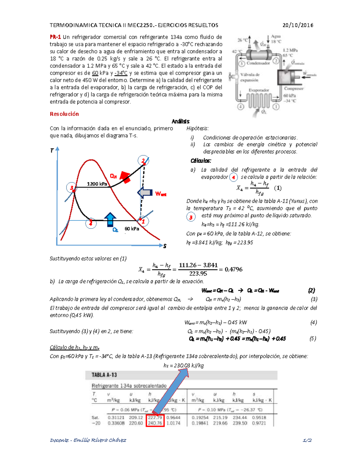 PR-1Ciclos Refrigeracion - TERMODINAMICA TECNICA II MEC2250.- EJERCICIOS RESUELTOS 20/10 ...