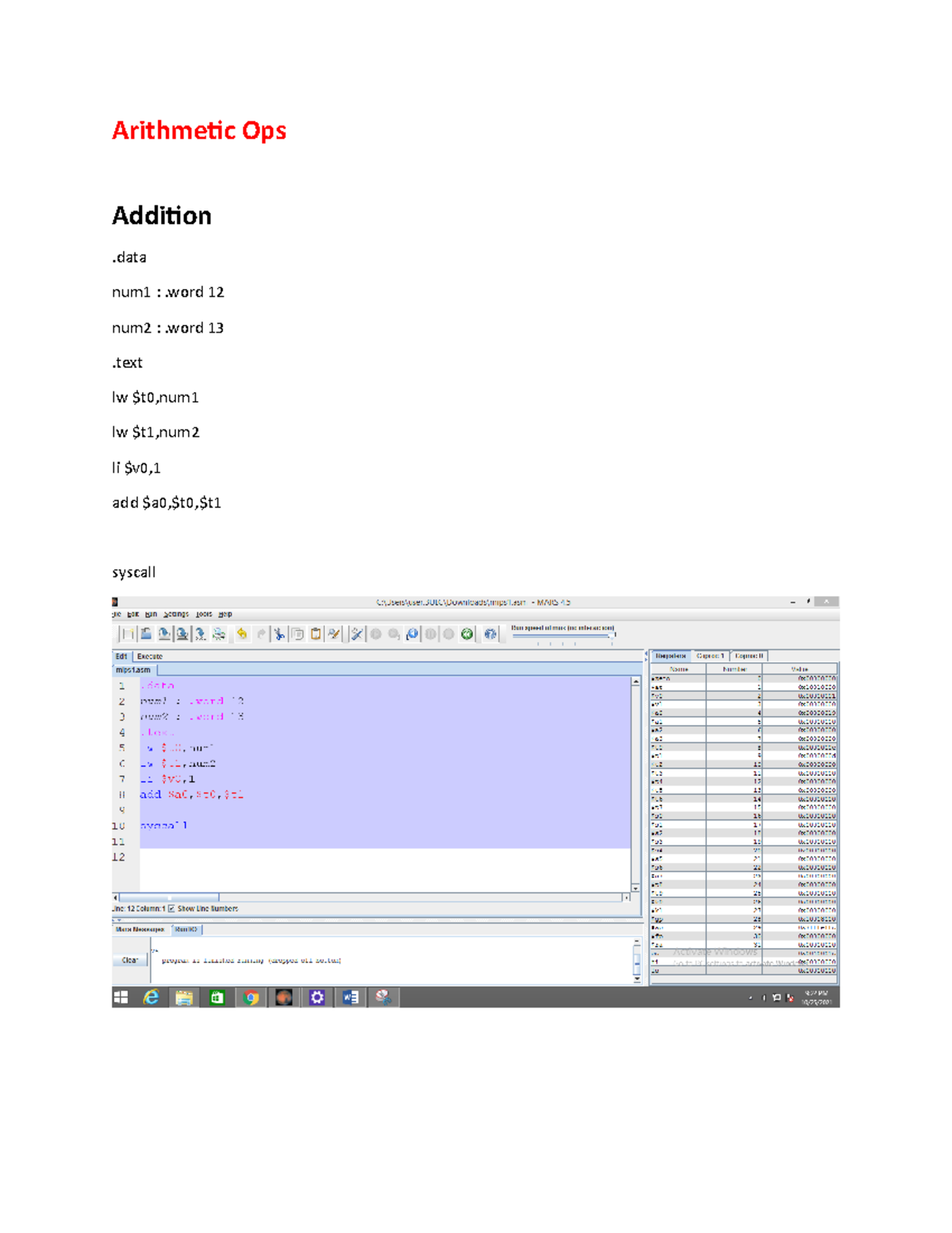 Arithmetic Operations In Mips On Mars Simulator Arithmetic Ops Addition Data Num1 Word 12