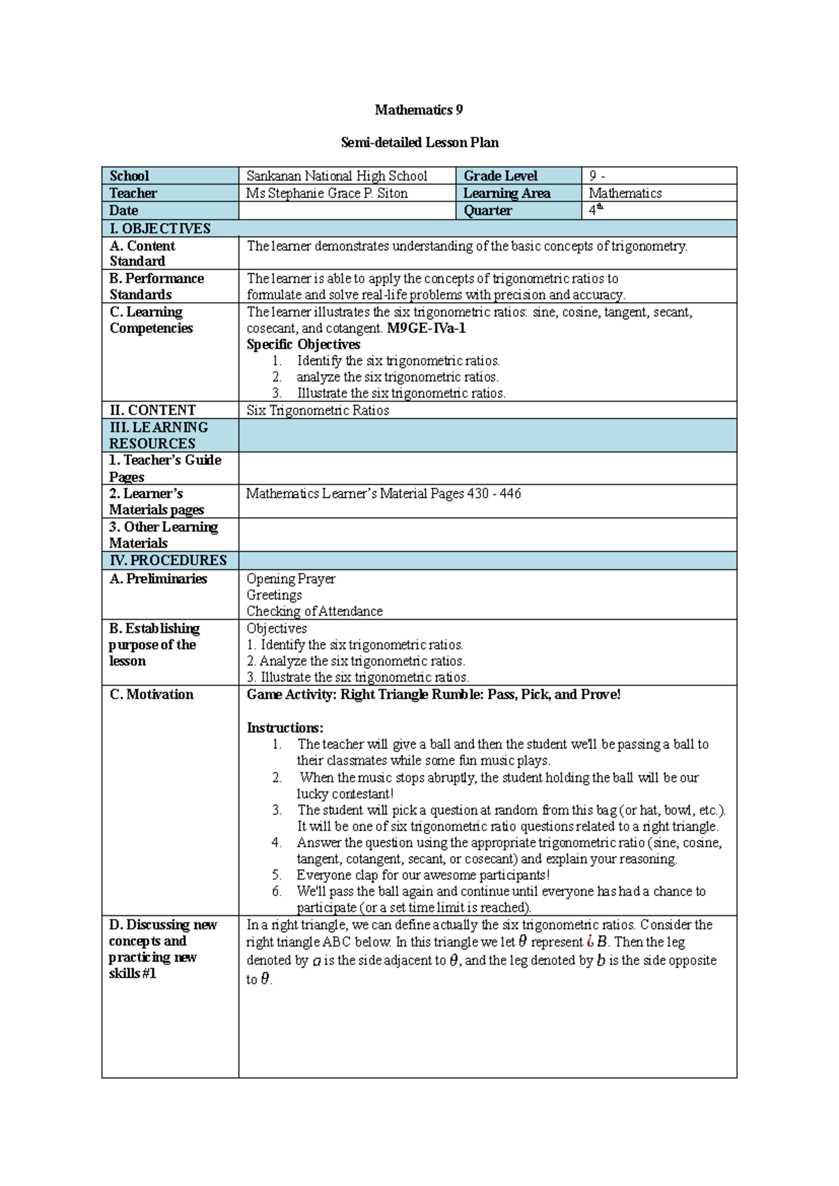Grade 9 03-01-24 - Lesson Plan - Mathematics 9 Semi-detailed Lesson ...