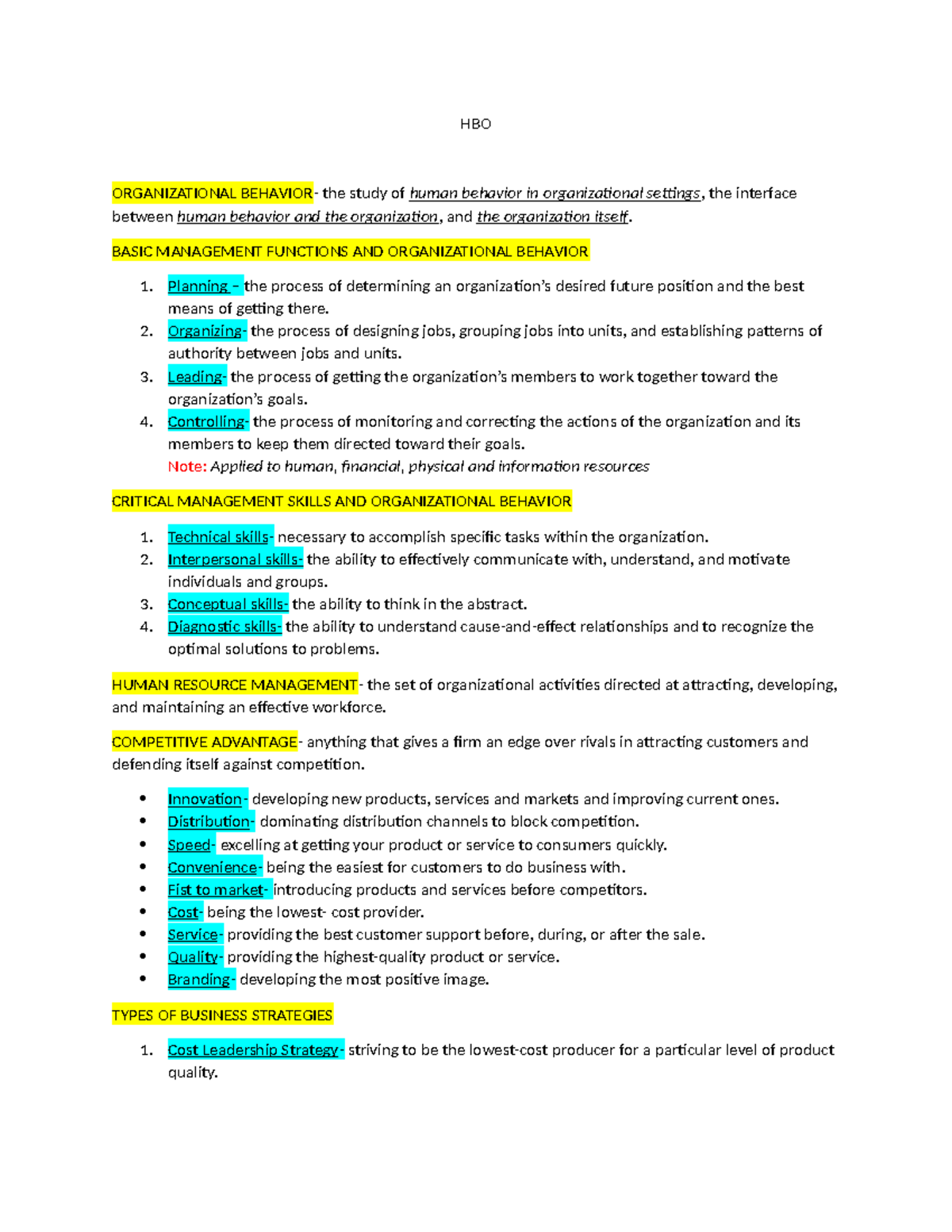 HBO - notes - HBO ORGANIZATIONAL BEHAVIOR- the study of human behavior ...