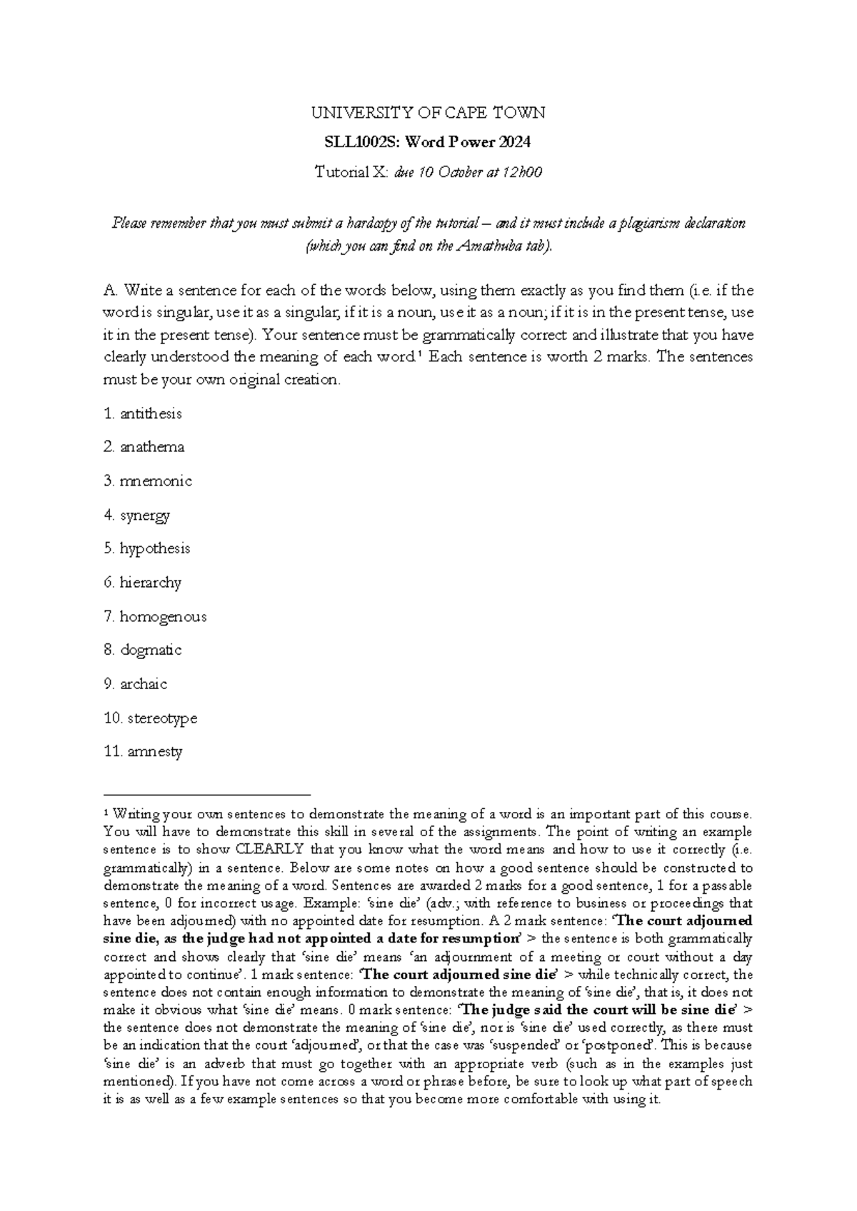 SLL1002S 2024 Tutorial X - UNIVERSITY OF CAPE TOWN SLL1002S: Word Power ...