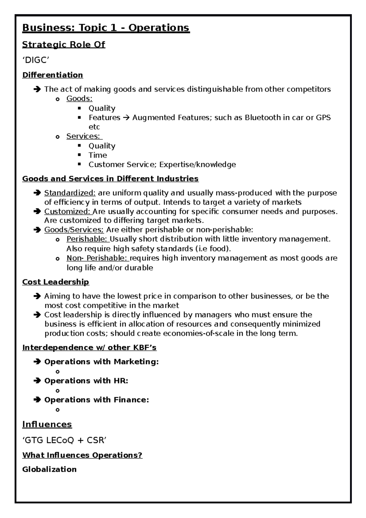 Business - Entire course notes - Business: Topic 1 - Operations ...