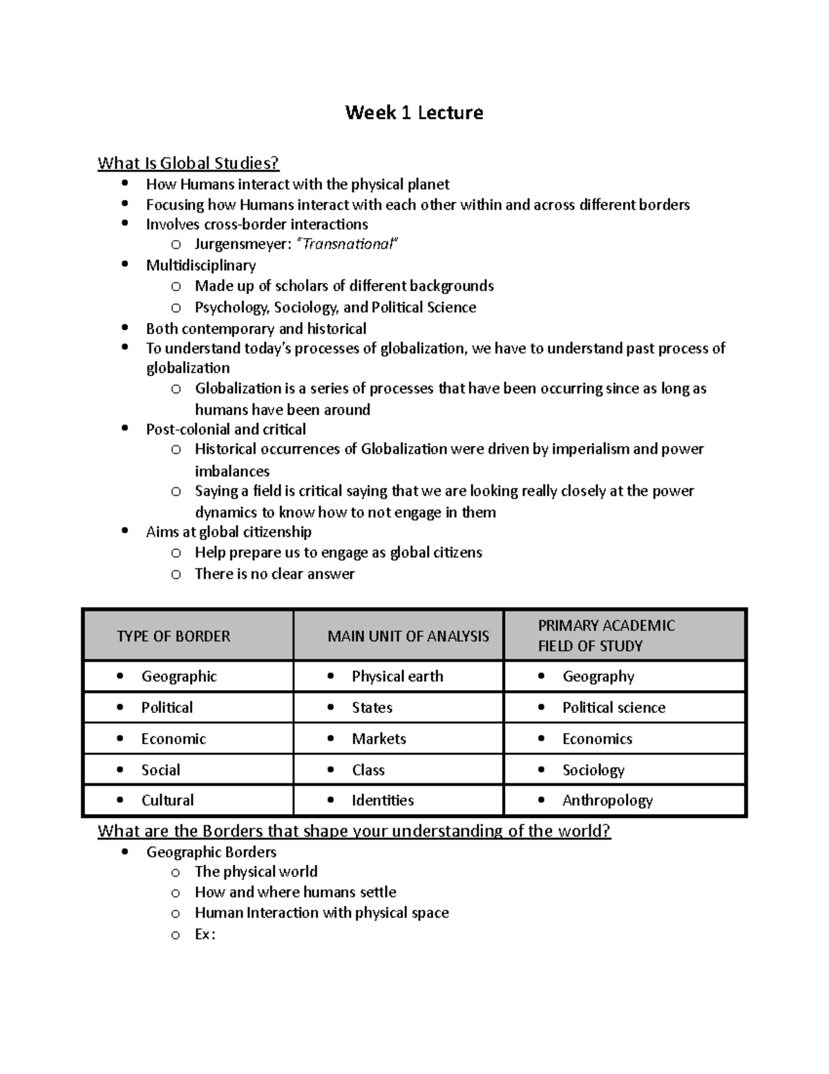 Week 1 Lecture - Notes - Week 1 Lecture What Is Global Studies? How ...