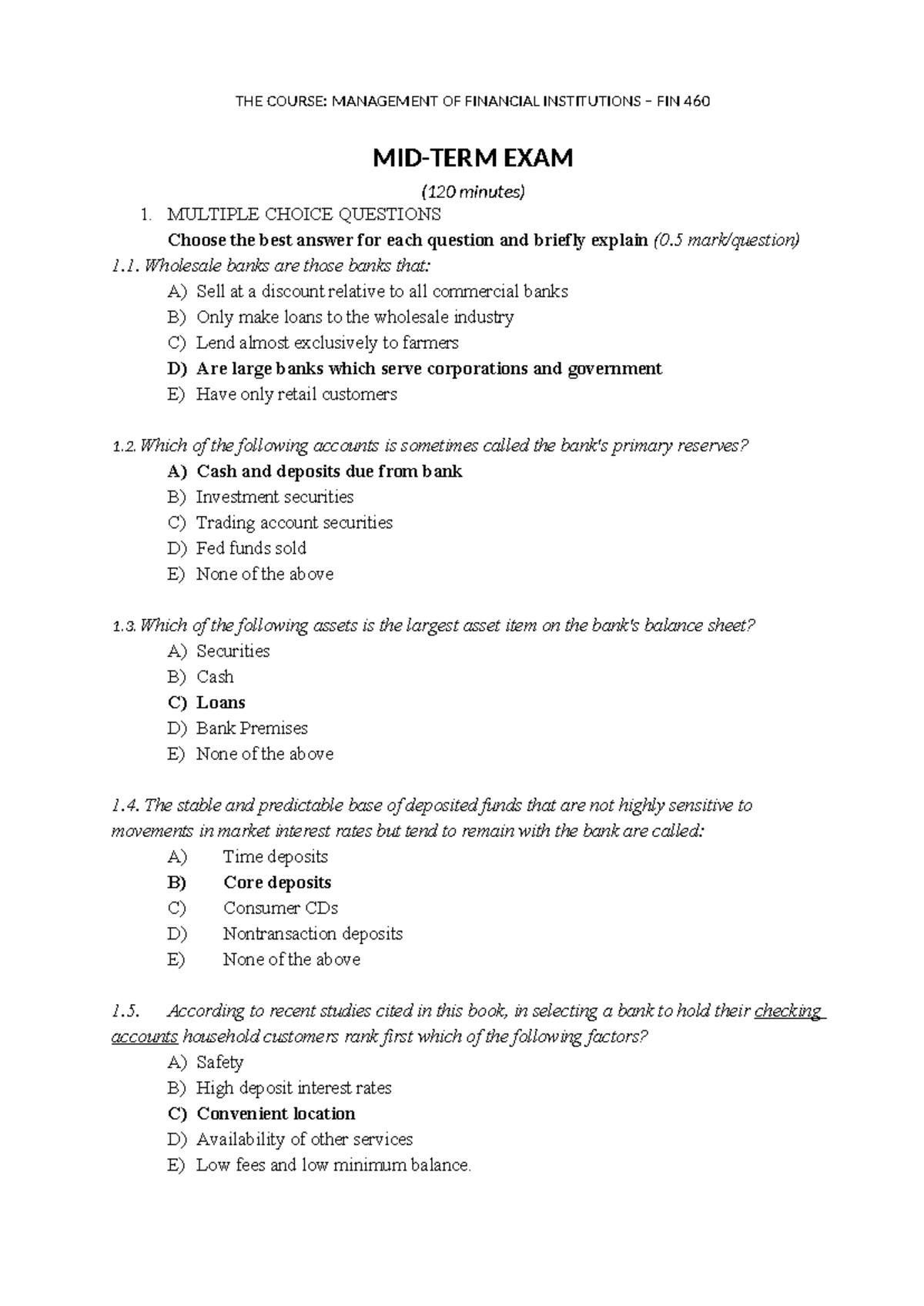 Mid-term-exam - Midterm test - THE COURSE: MANAGEMENT OF FINANCIAL ...