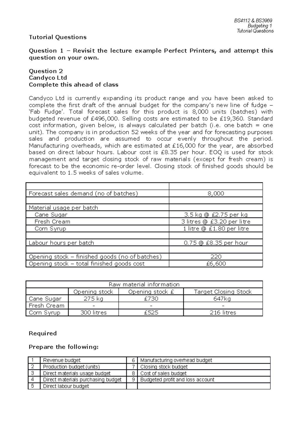 Tutorial Questions Budgeting (Part 1) (13) - BS4112 & BS Budgeting 1 ...