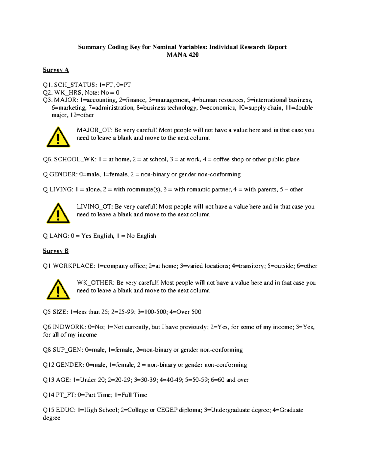 Summary Coding Key for Survey A B Nominal Vars - Summary Coding Key for ...
