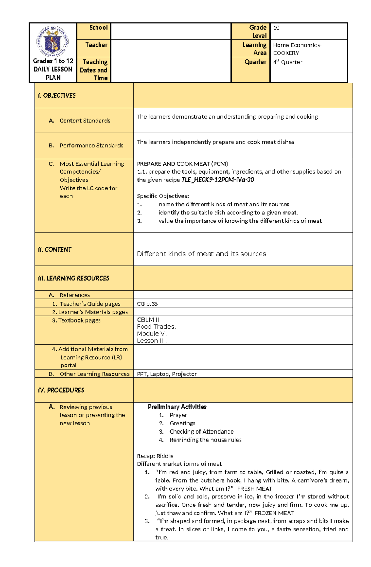 JHS-DEMO - I. OBJECTIVES A. Content Standards The learners demonstrate an understanding ...