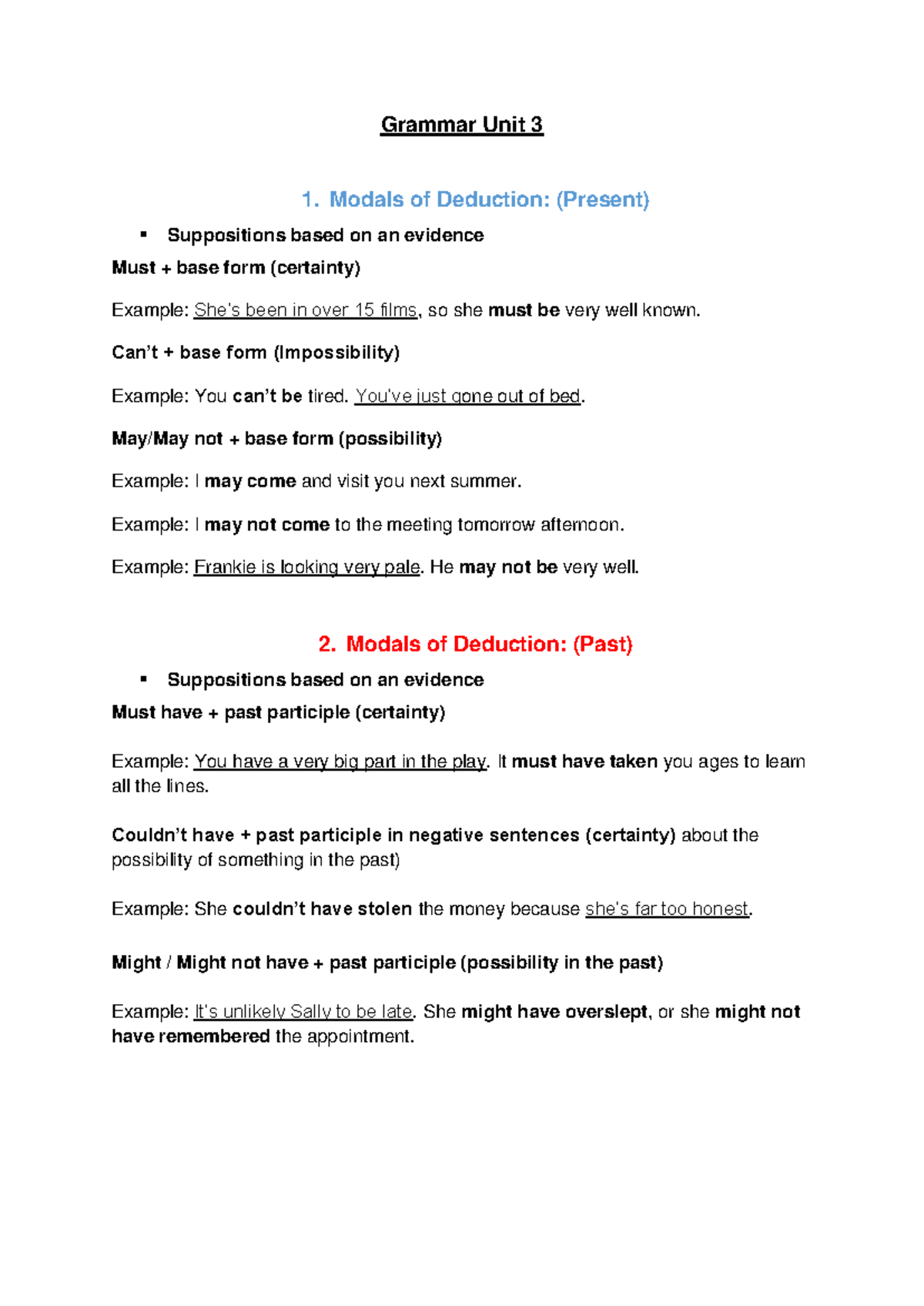 Grammar Unit 3 Modals of deduction - Grammar Unit 3 1. Modals of ...