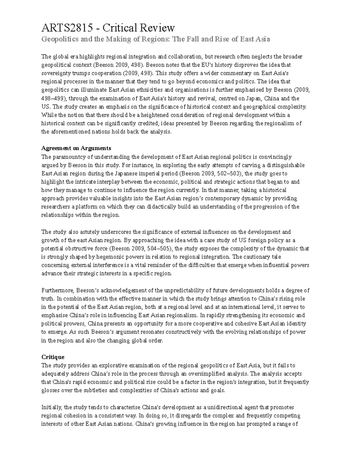 ARTS2815 - Critical Review - ARTS2815 - Critical Review Geopolitics and ...