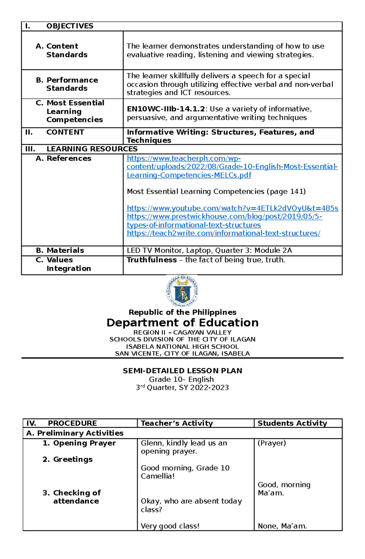 Final DLP Informative Writing Techniques - I. OBJECTIVES A. Content ...