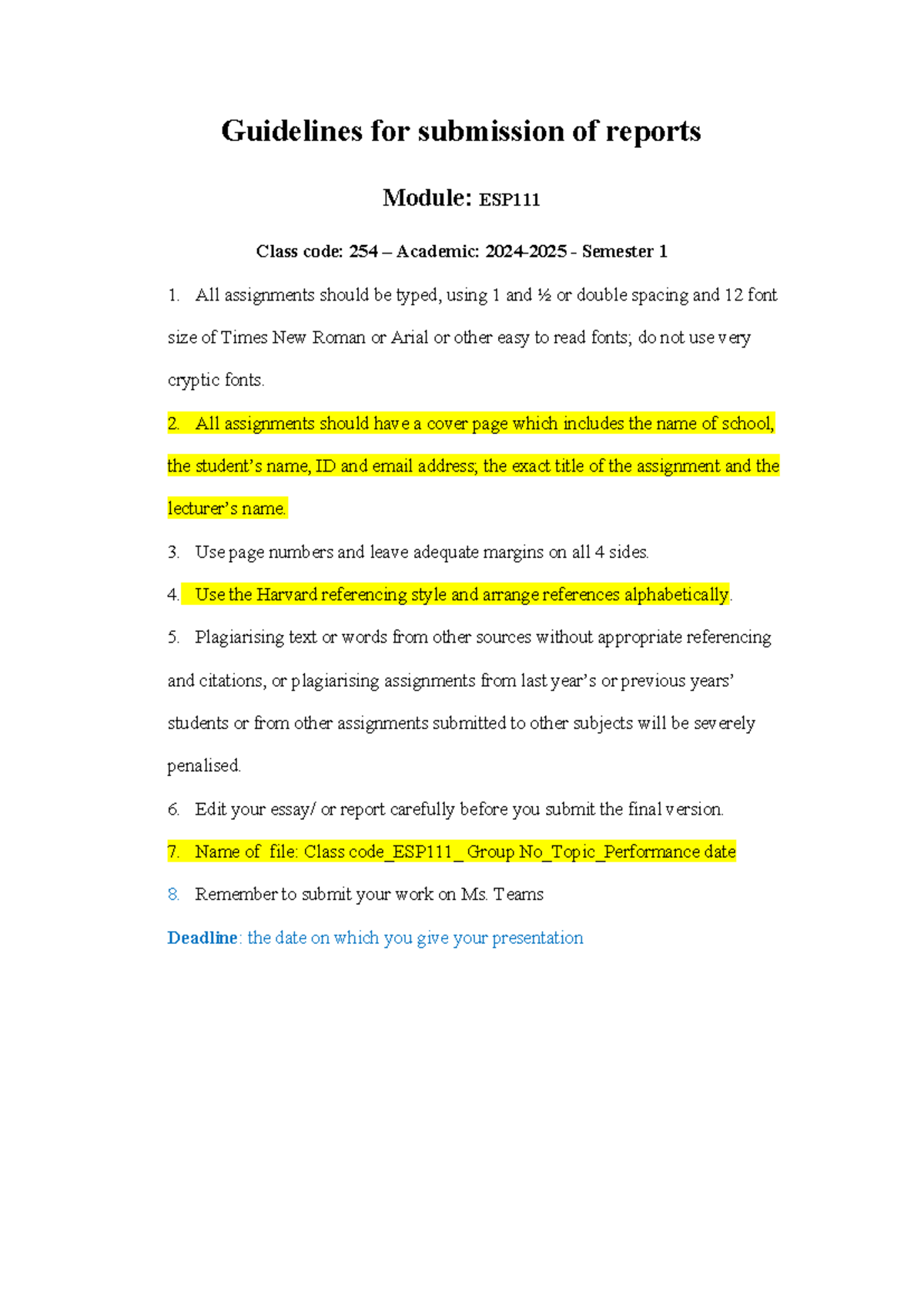 Guidelines for submission of report ESP111 2024 - Guidelines for ...