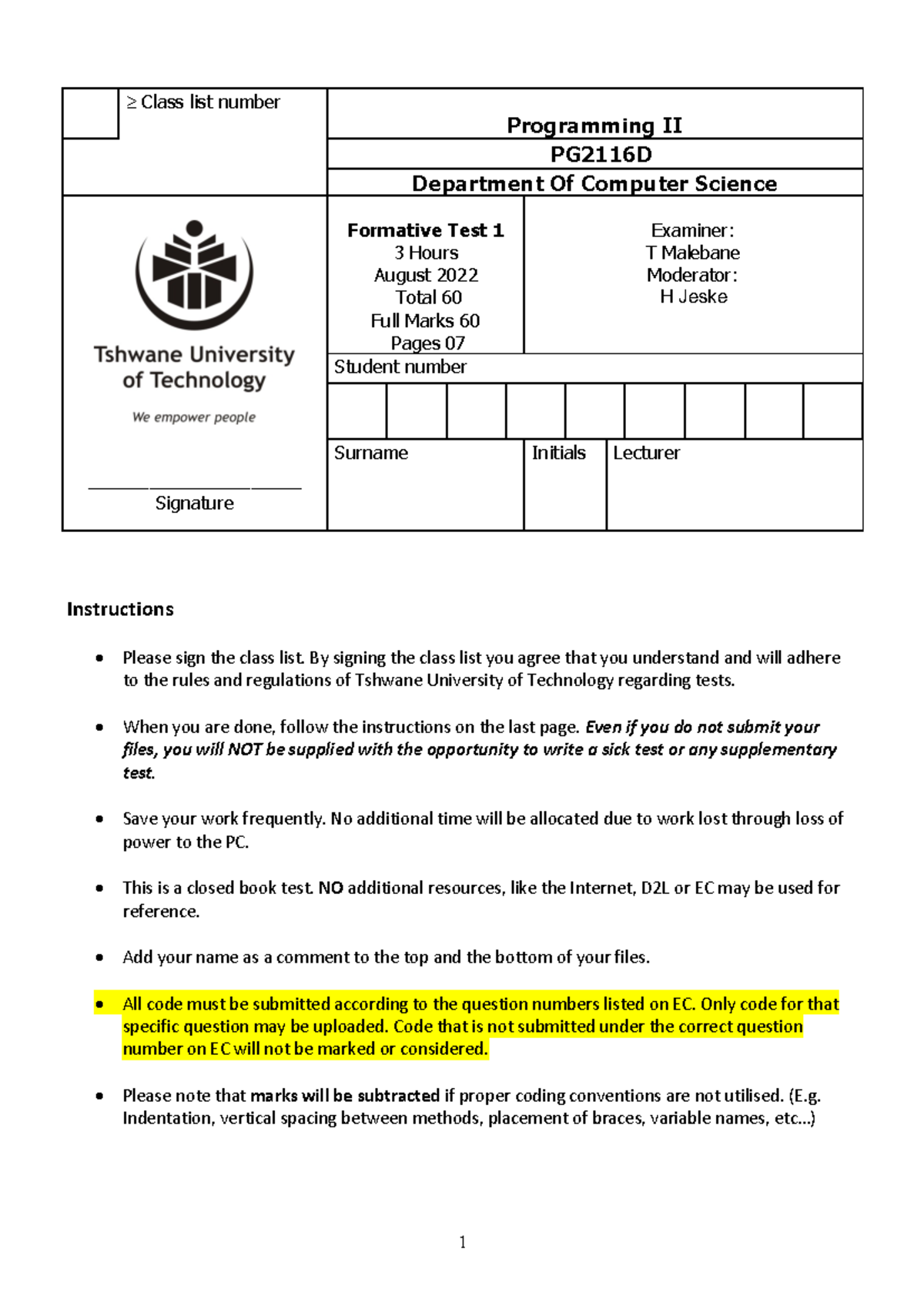 FA1 PG2116D S222 - Formative 1 - ³ Class list number Programming II PG2116D Department Of ...