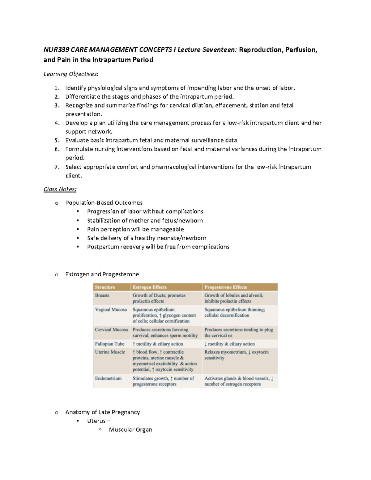 NUR 339 Lecture 17 (Intrapartum - Reproduction, Perfusion, and Pain ...