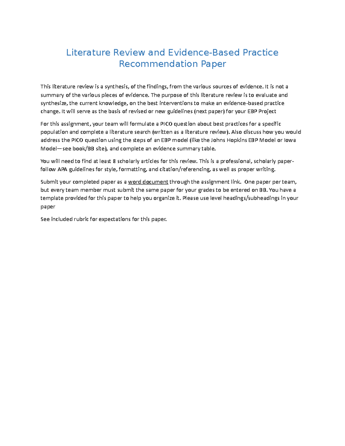 Literature Review Paper Instructions - Literature Review and Evidence ...