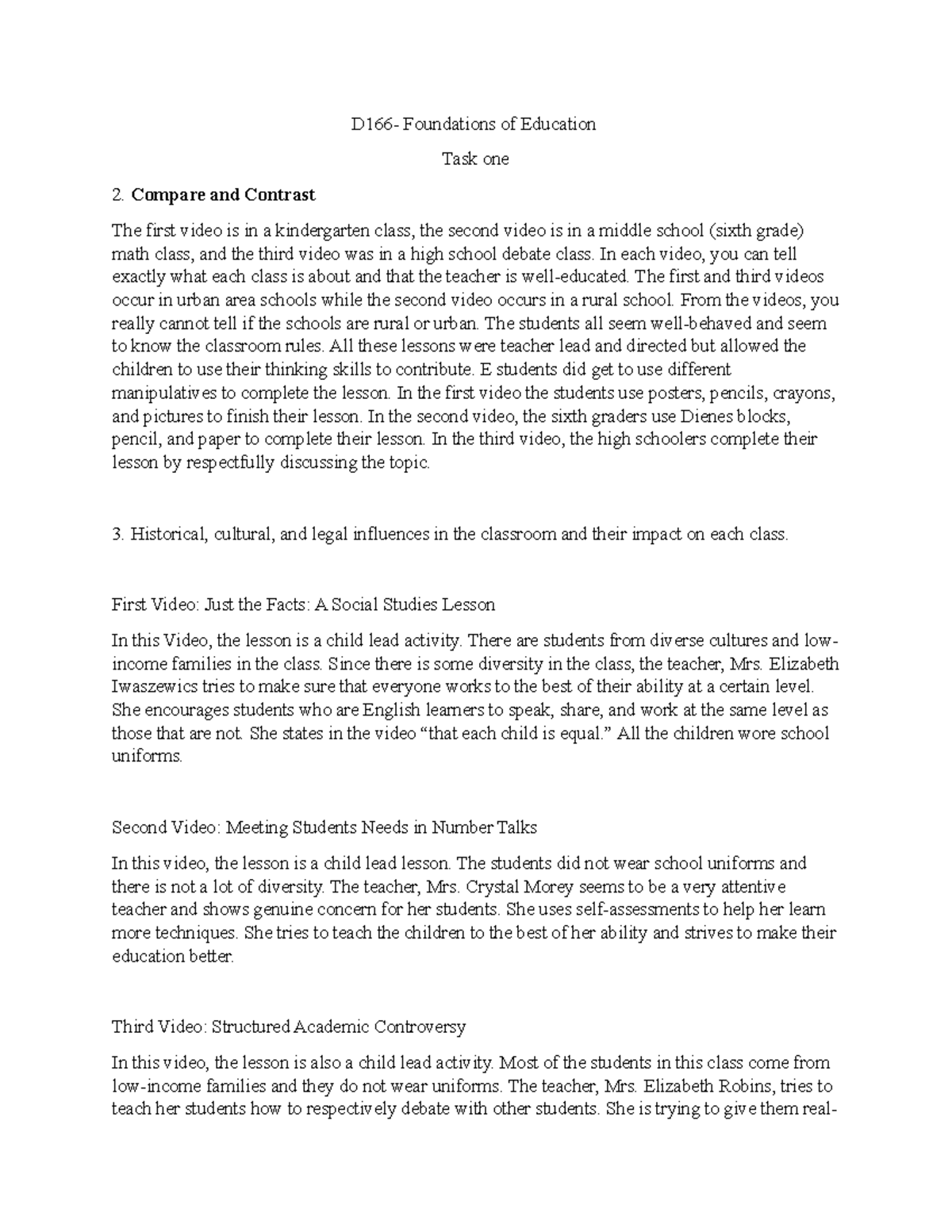 D166 task 1 part 2 - Task 1 - D166- Foundations of Education Task one 2 ...