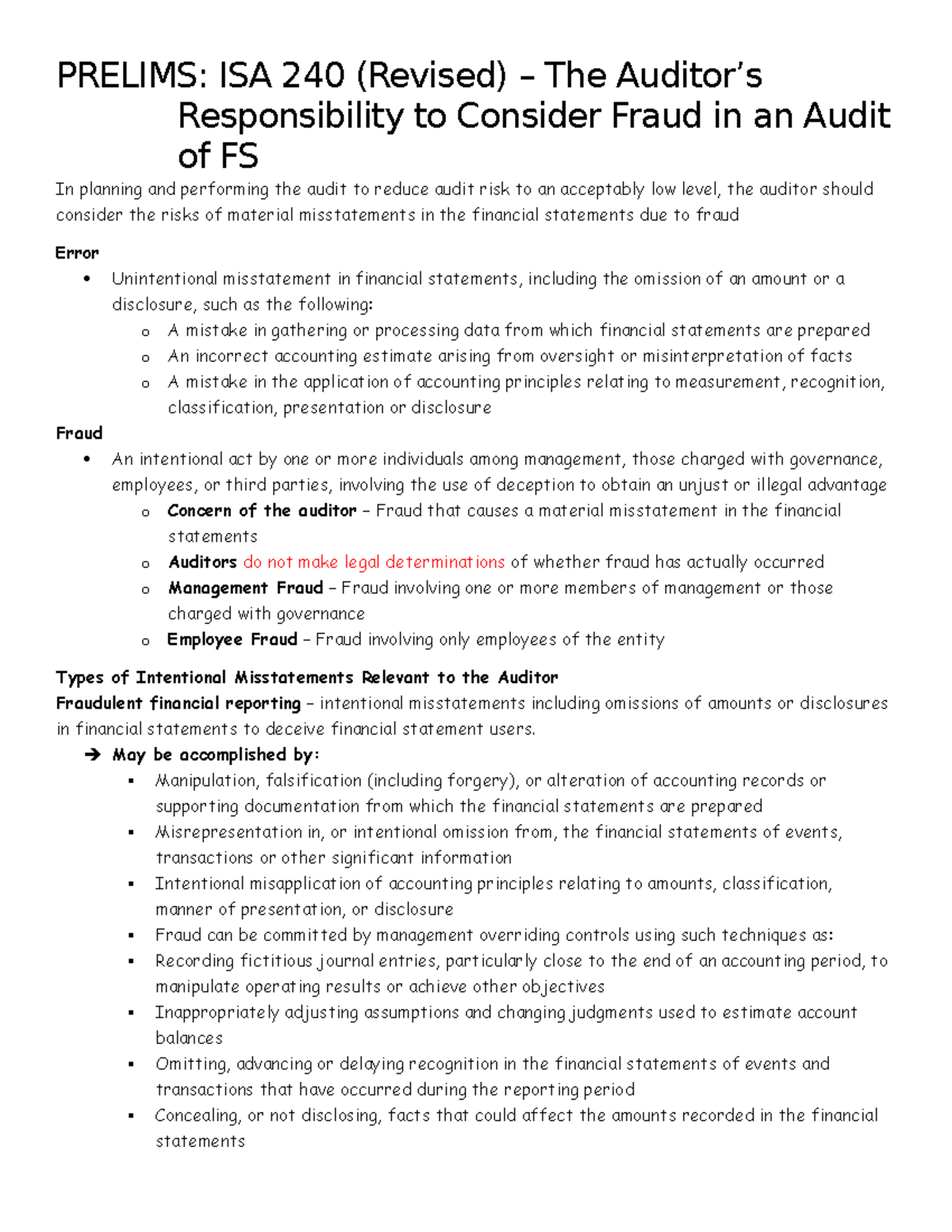 A21 PSA 240 - PSA 240 Fraud notes summary - PRELIMS: ISA 240 (Revised ...