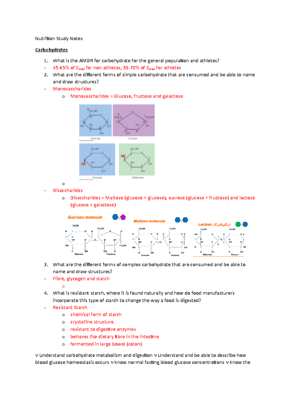 Nutrition Study Notes - Nutrition Study Notes Carbohydrates What is the ...