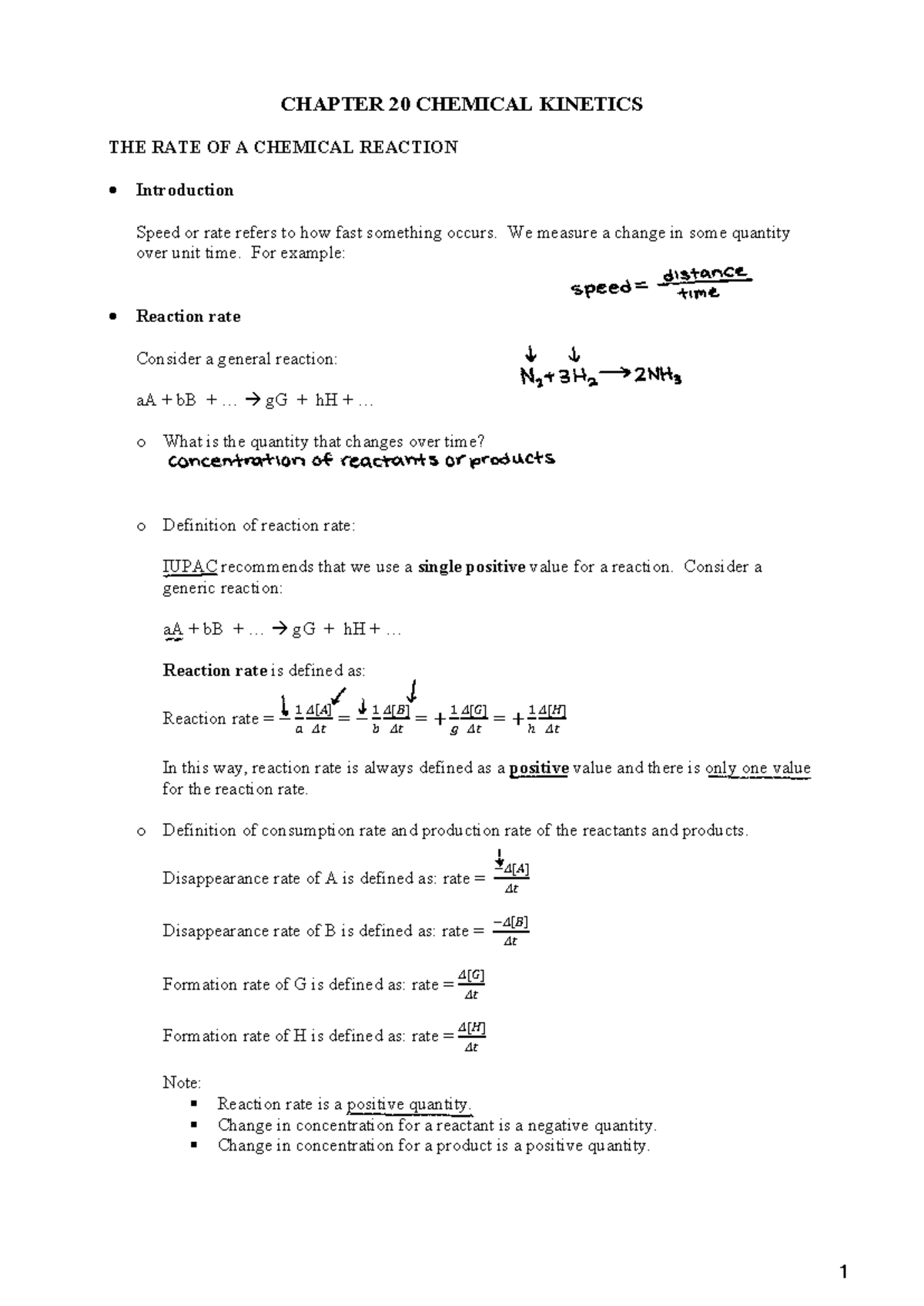 Chapter 20 Lecture Notes - CHAPTER 20 CHEMICAL KINETICS THE RATE OF A ...