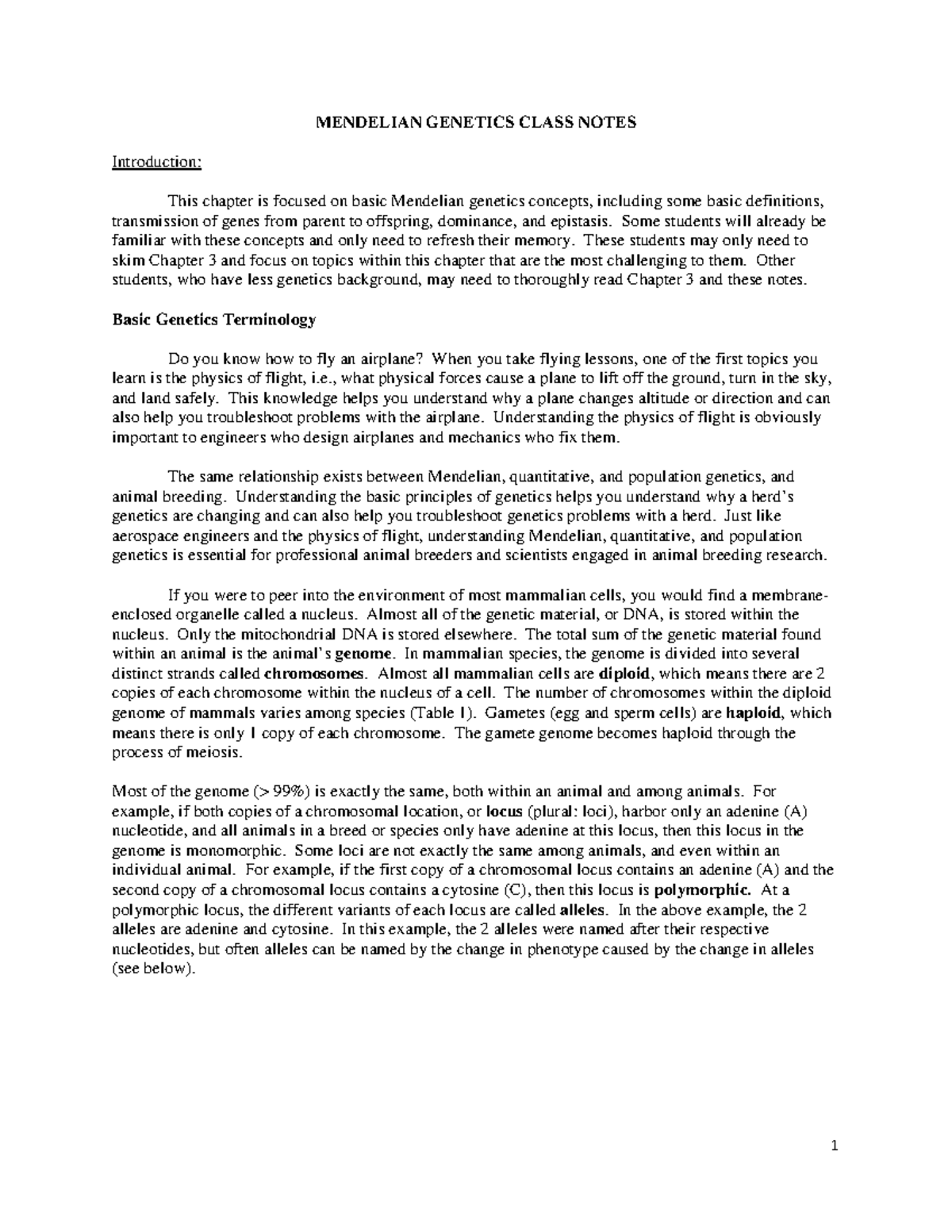 AS 332 Mendelian Genetics Notes - MENDELIAN GENETICS CLASS NOTES ...